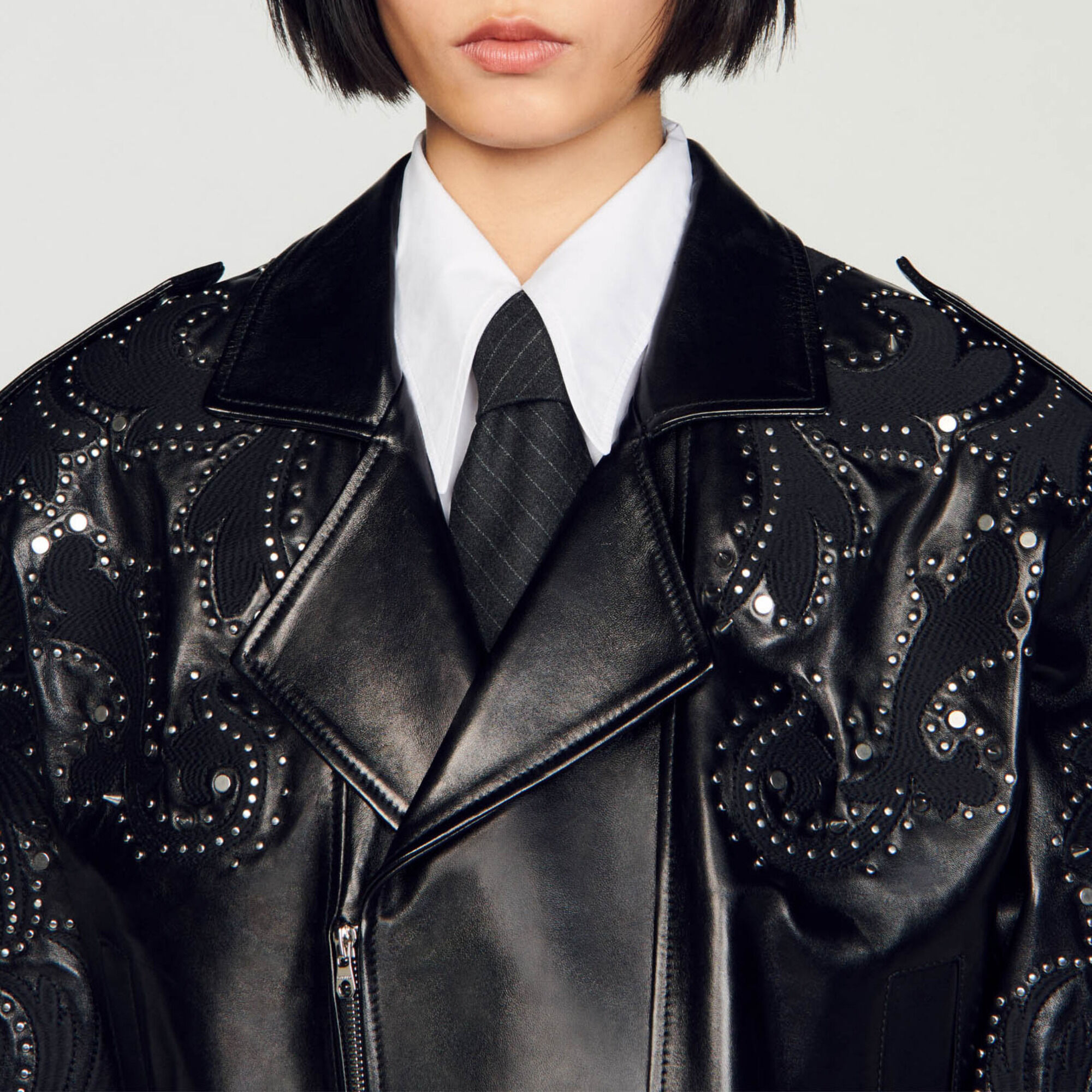 Studded leather jacket black / gray For Women | Sandro Paris Studded leather jacket black / gray For Women | Sandro Paris