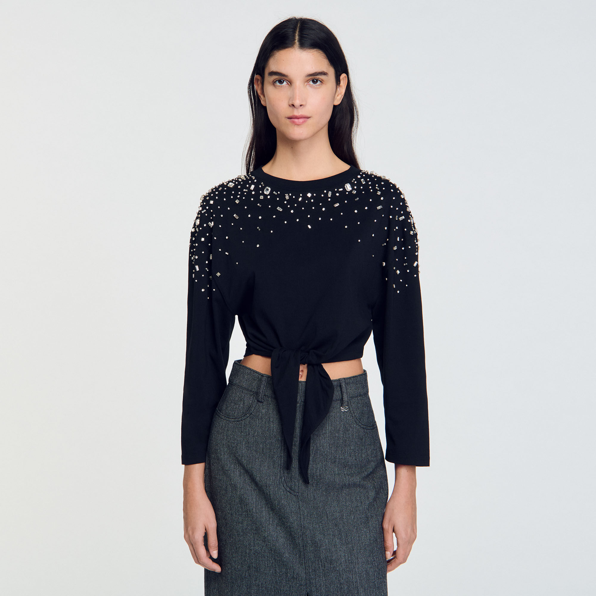 Rhinestone tie-front T-shirt black / gray For Women | Sandro Rhinestone tie-front T-shirt black / gray For Women | Sandro