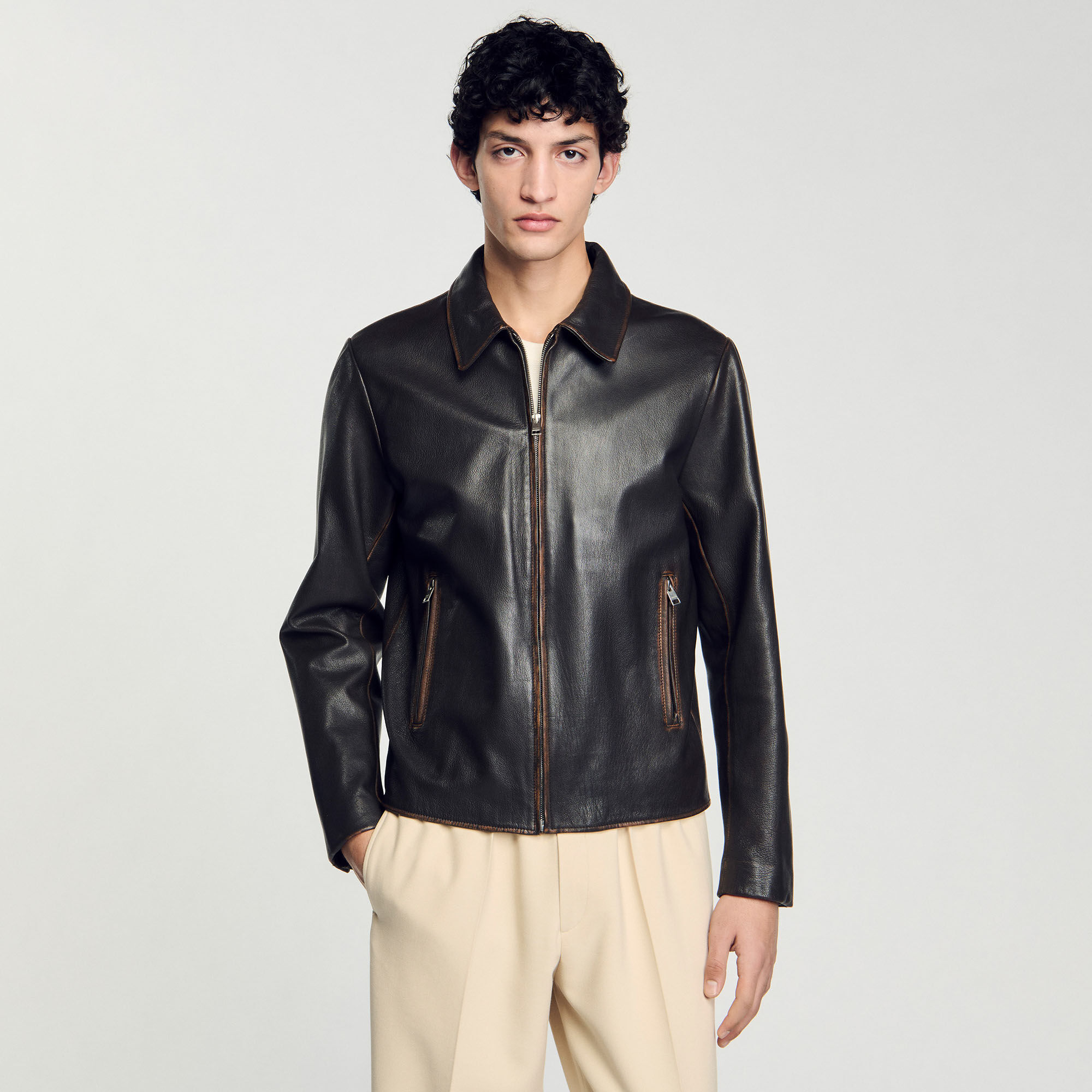 Distressed-look leather jacket brown for Men | Sandro Paris Distressed-look leather jacket brown for Men | Sandro Paris