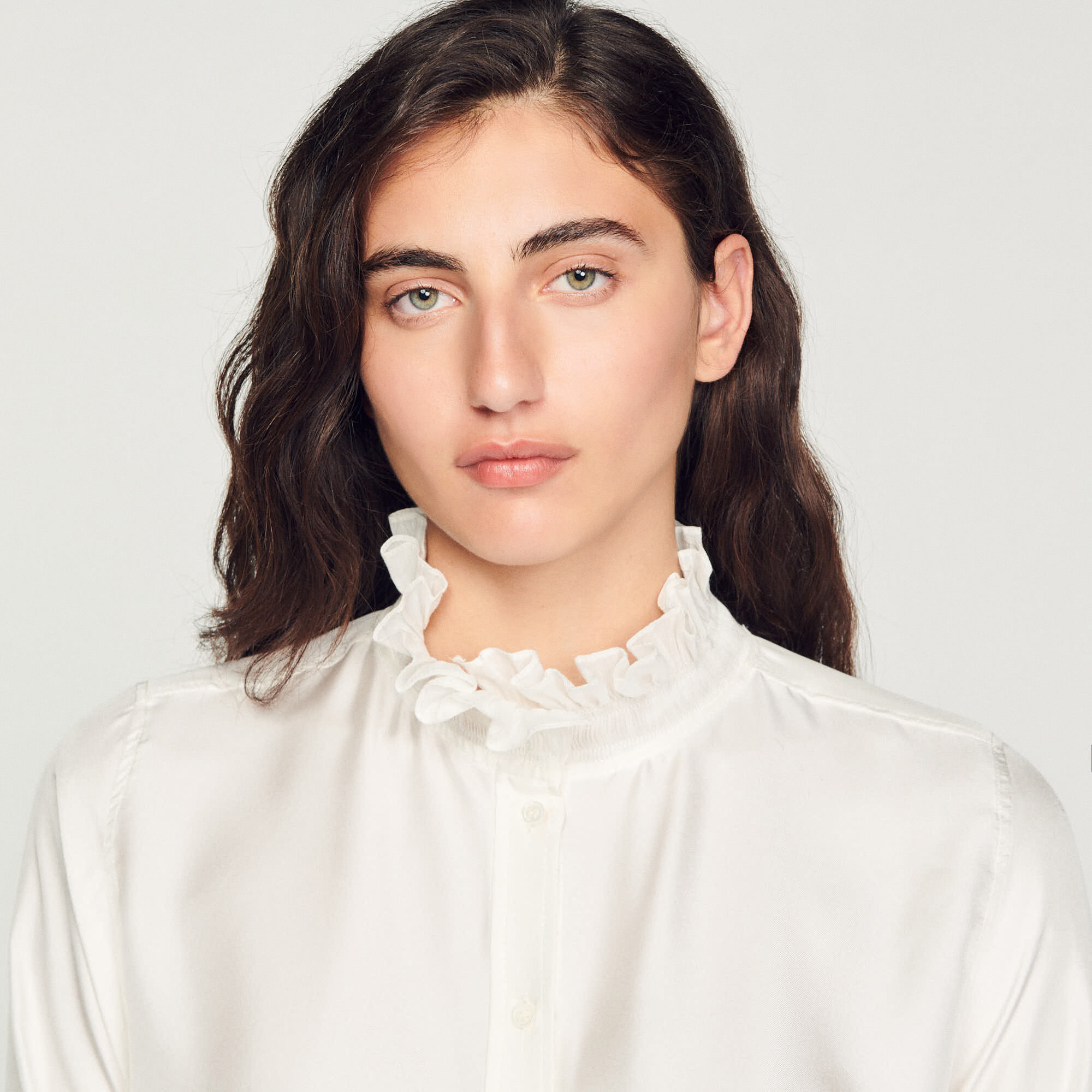 Silk shirt with gathered collar Natural | Sandro Paris