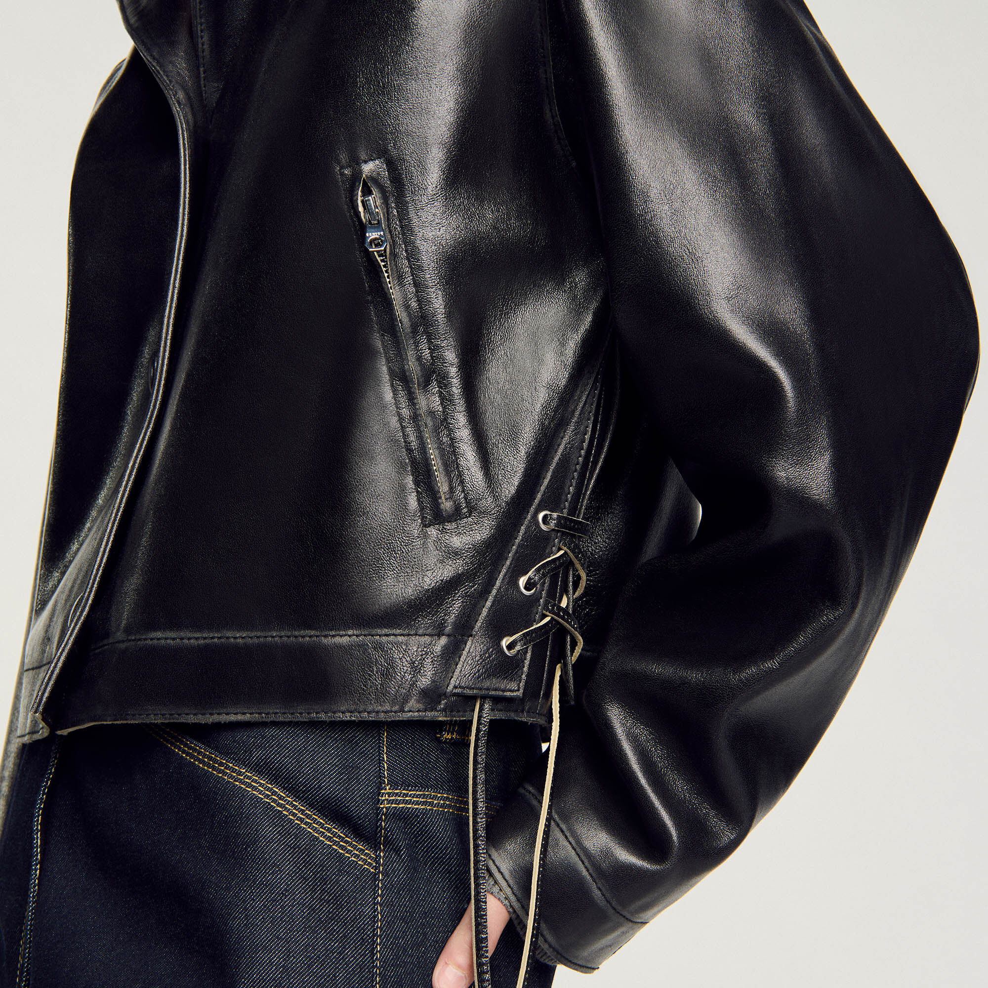 Distressed leather jacket black / gray For Women | Sandro Paris Distressed leather jacket black / gray For Women | Sandro Paris