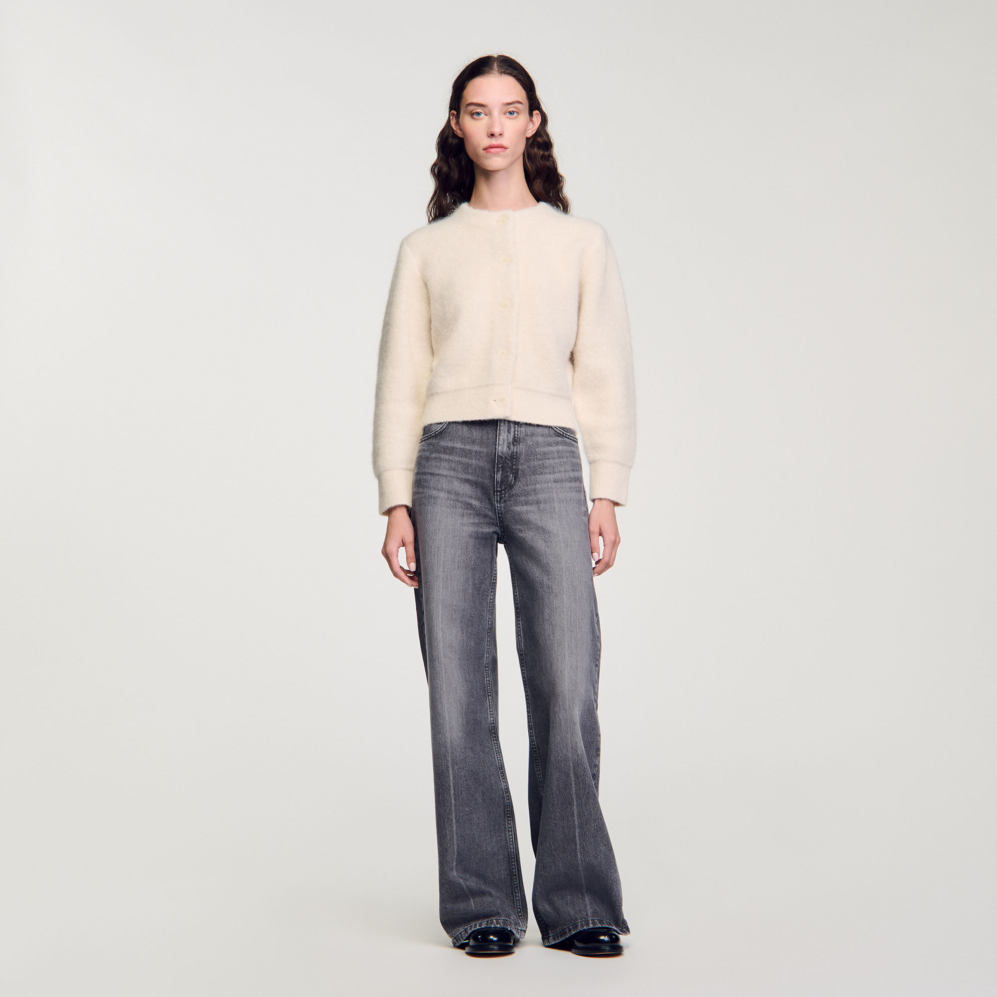 Cropped fluffy knit cardigan white / beige For Women Cropped fluffy knit cardigan white / beige For Women