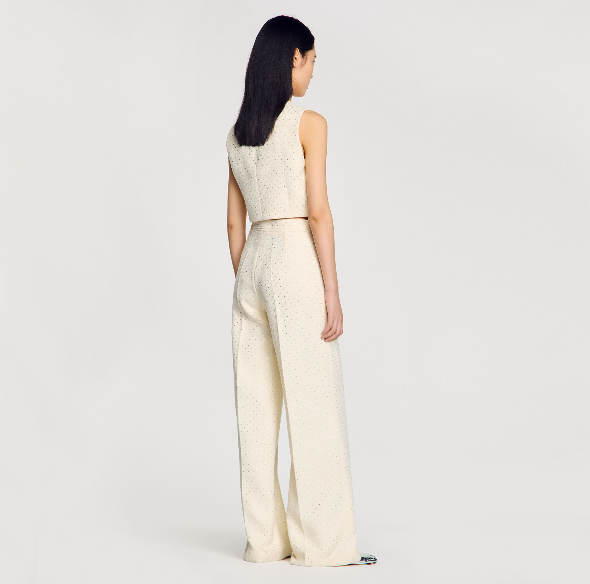 Tweed rhinestone-covered trousers white / beige For Women Tweed rhinestone-covered trousers white / beige For Women