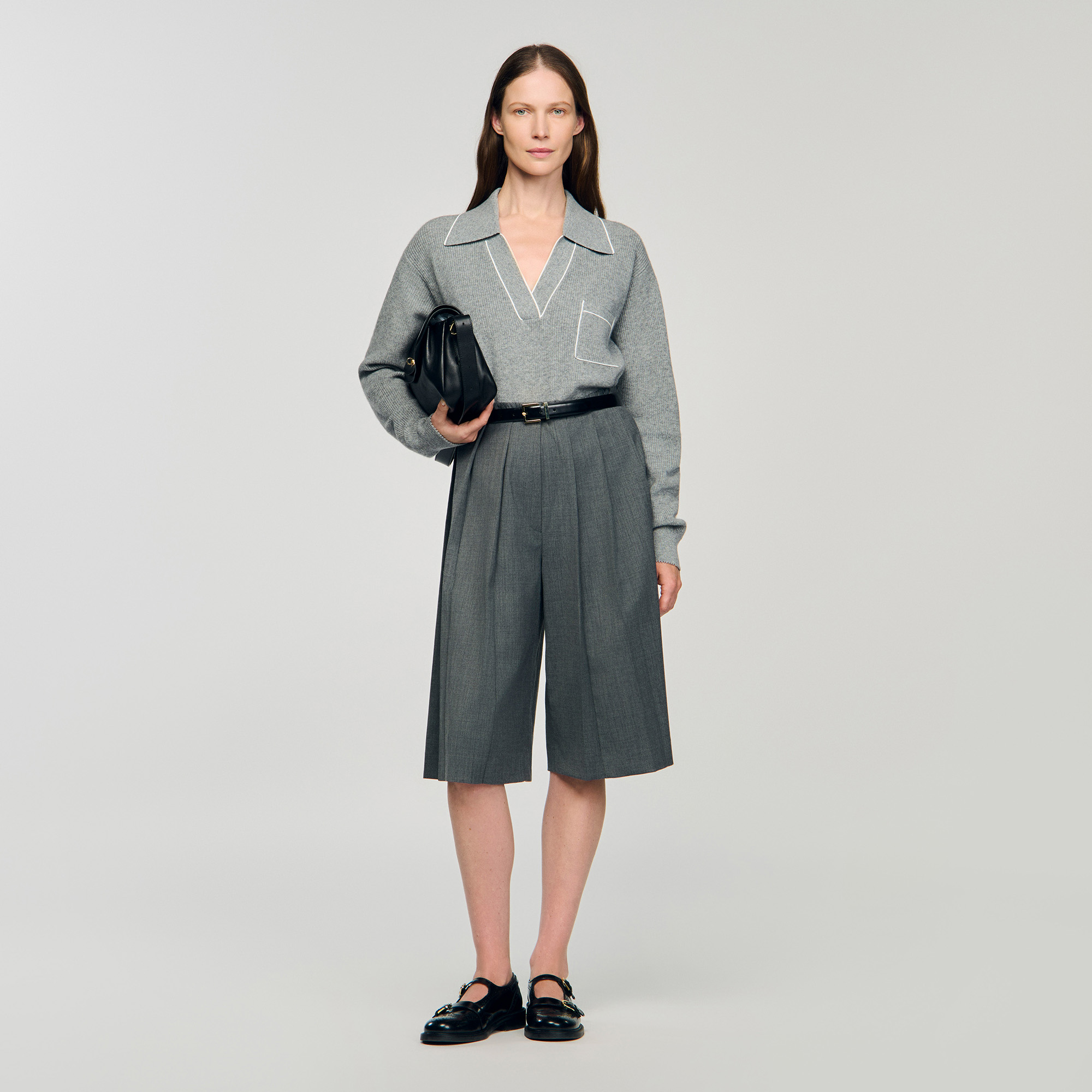 Open polo-collar neck sweater black / gray For Women | Sandro Paris