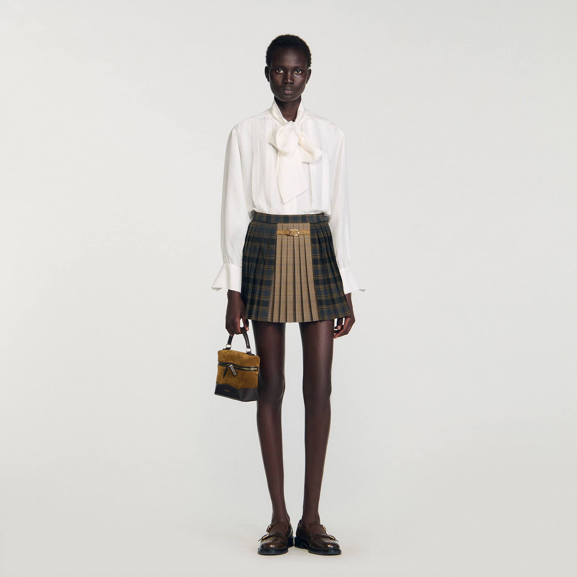 Mini checked pleated skirt yellow / orange For Women | Sandro Paris