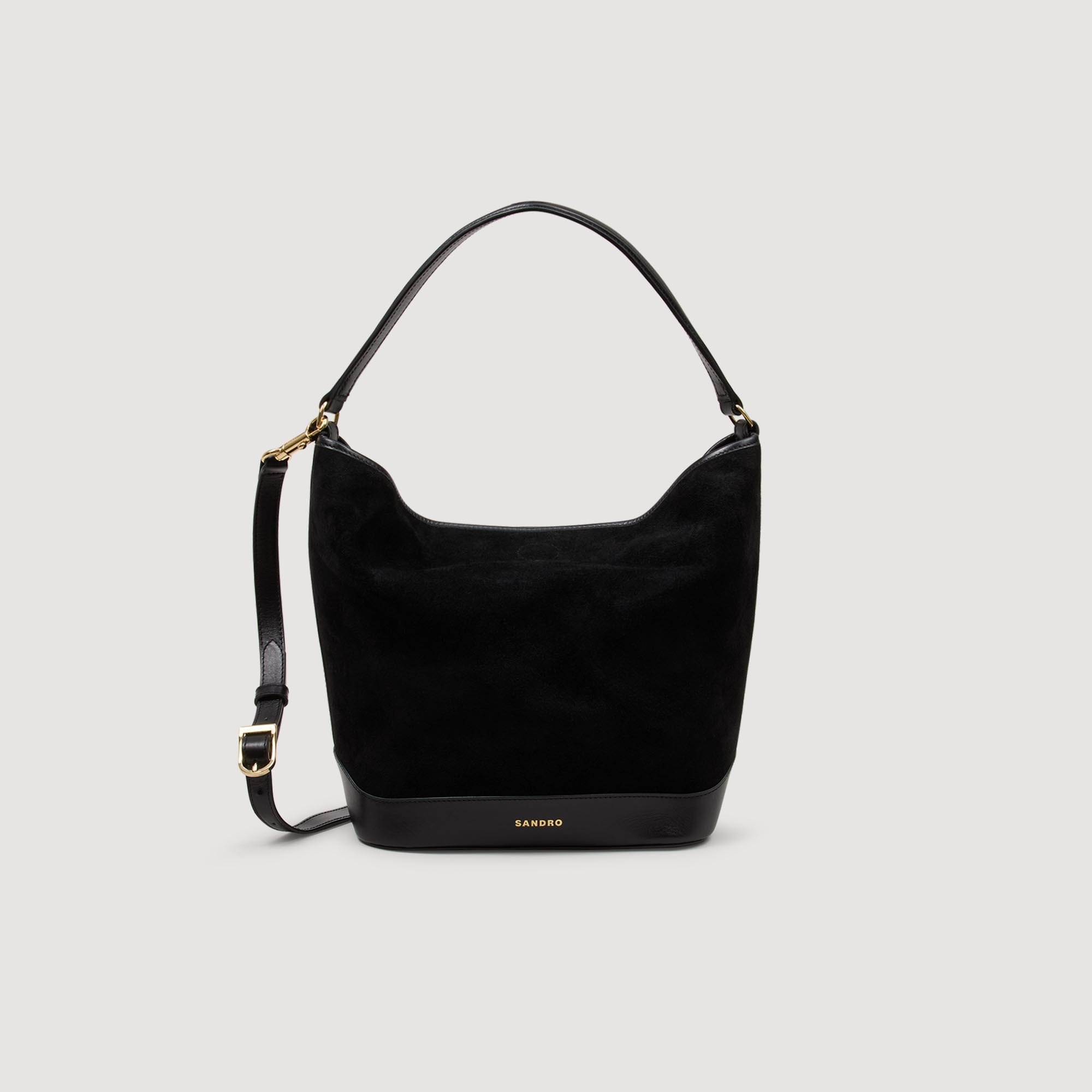 Tangoso suede and leather bucket bag black / gray For Women | Sandro Paris